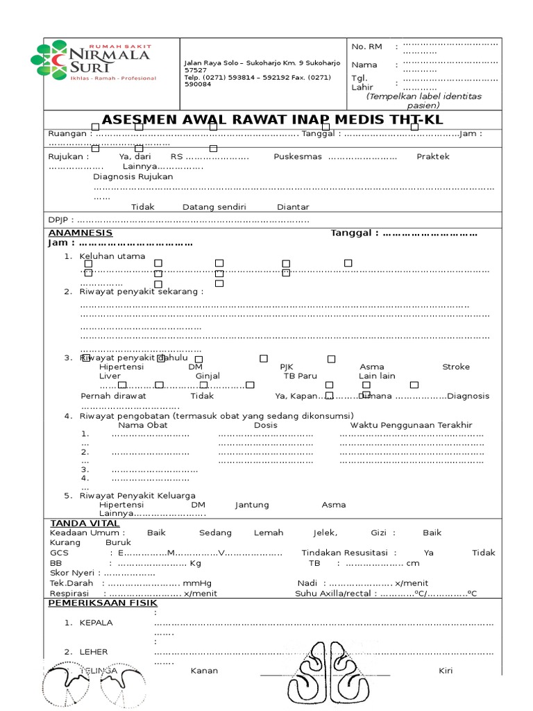 Form Asesmen Awal Rawat Inap Medis THT-KL | PDF