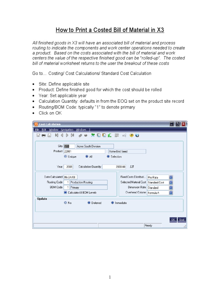 How To Print A Costed Bill of Material in X3 | PDF