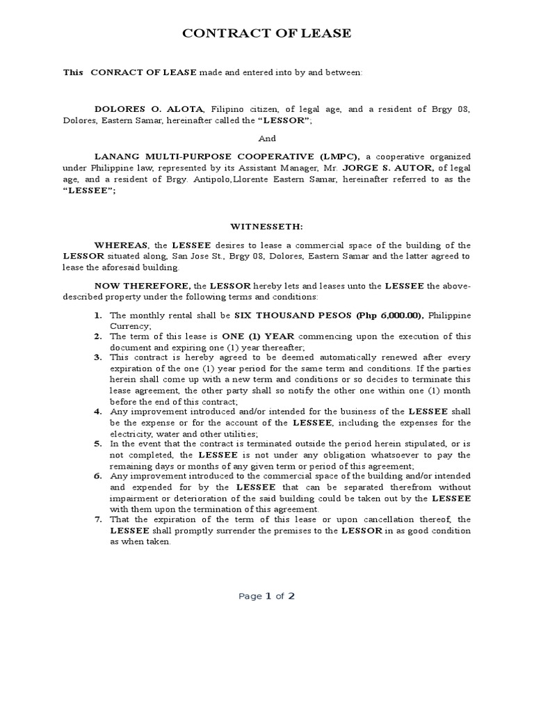 Space for Rent Contract of Lease | Lease | Business Law