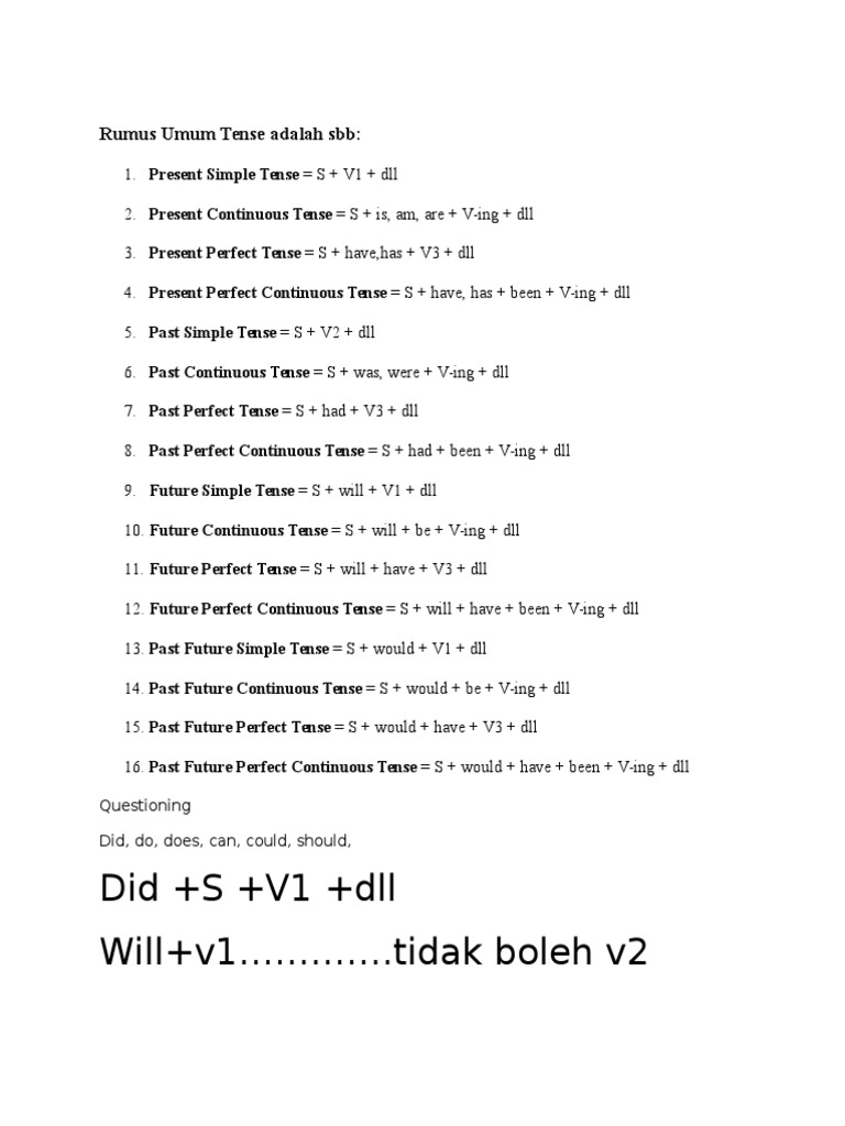 Panduan Rumus Tense Bahasa Inggris | PDF