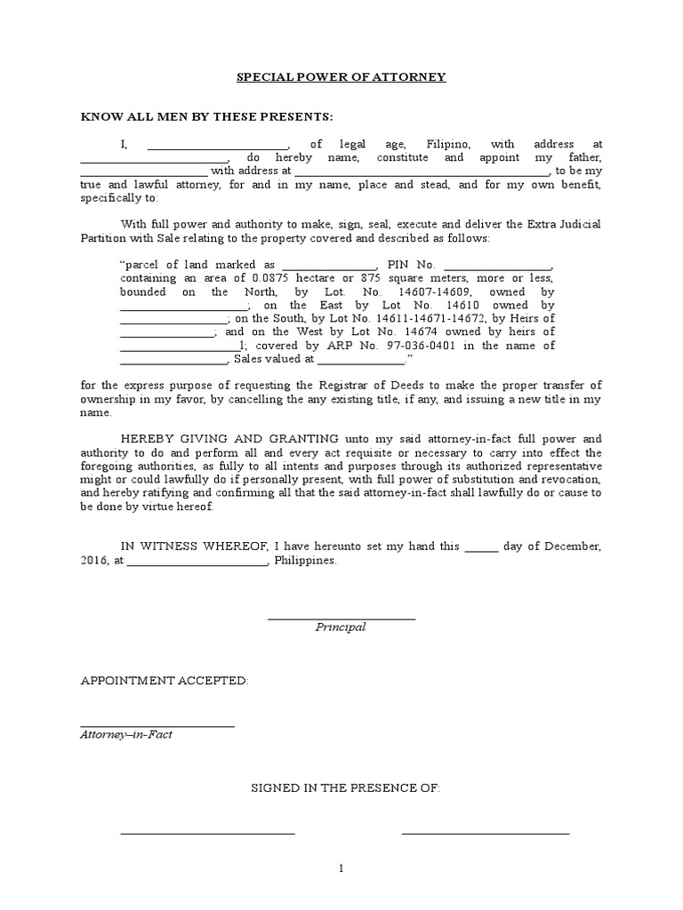 Special Power of Attorney Sample | Power Of Attorney | Deed
