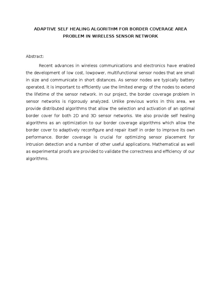 Adaptive Self Healing Algorithm For Border Coverage Area Problem in Wireless Sensor Network ...