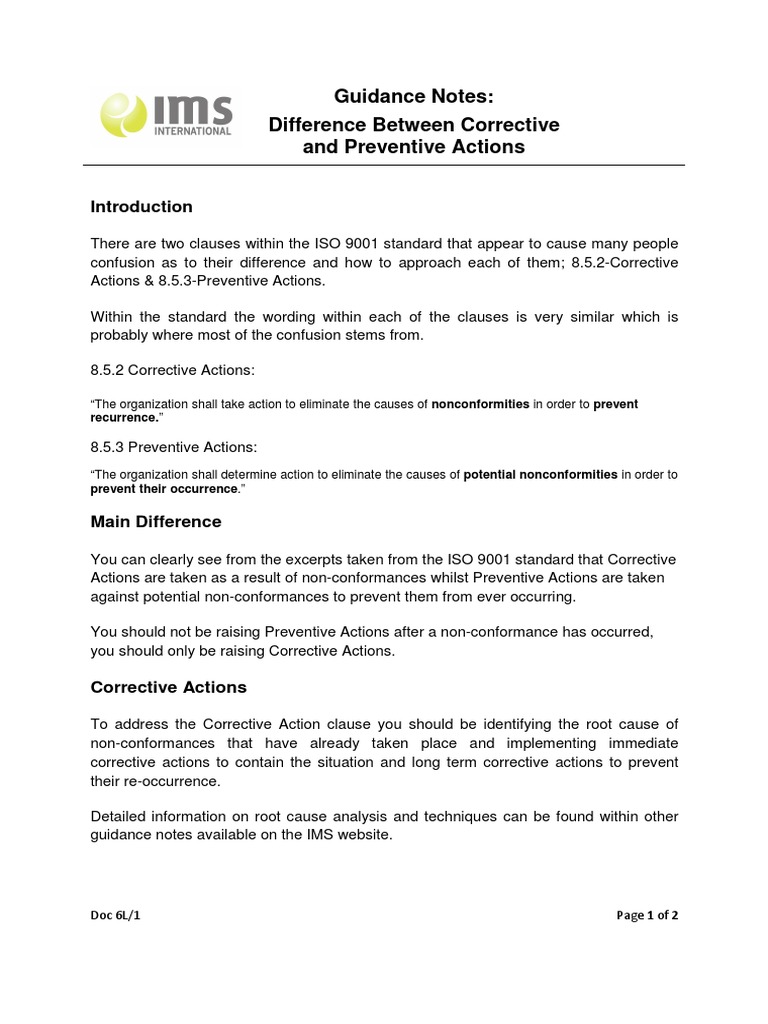 Guidance Notes on Corrective and Preventive Actions | Quality | Evaluation