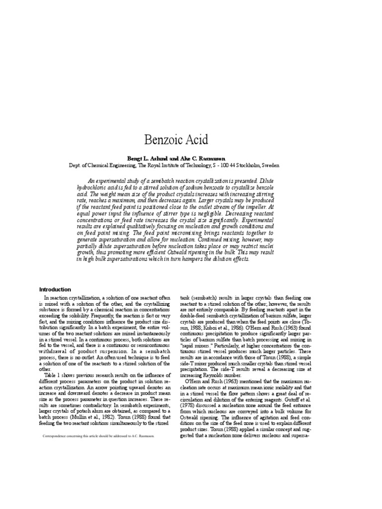 Semibatch Reaction Crystallization Of Benzoic Acid Pdf