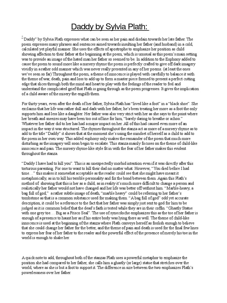 Sylvia Plath "Daddy" Analysis | PDF | Sylvia Plath | Poetry