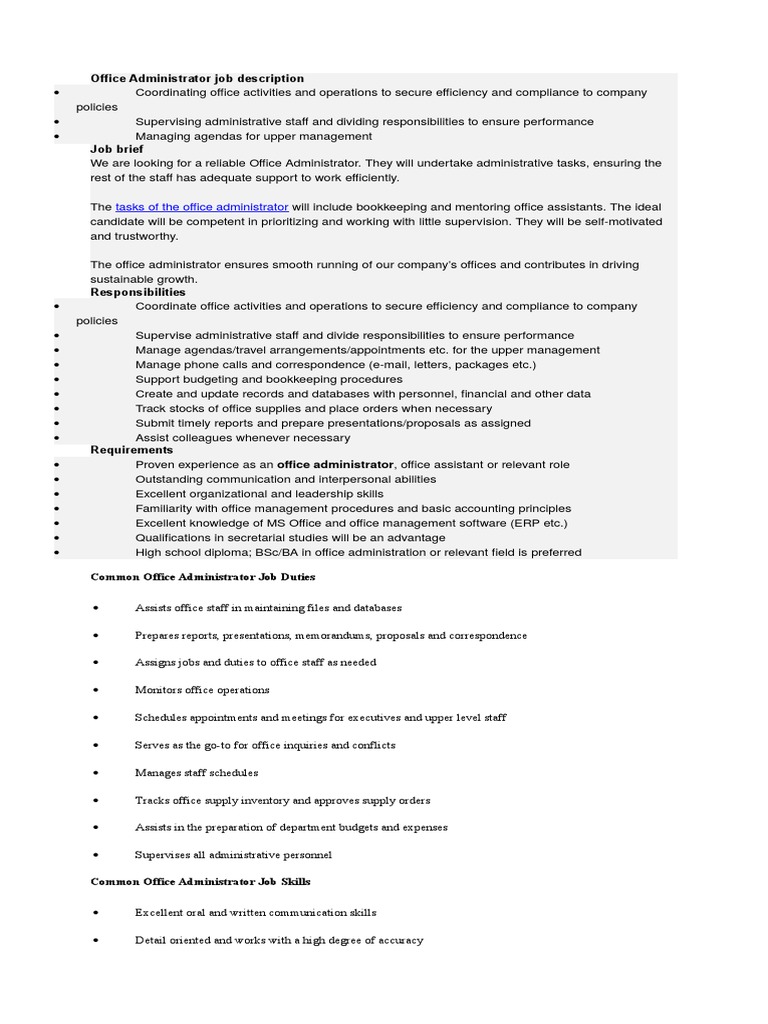 Office Administrator Job Description | PDF | Bookkeeping | Accounting