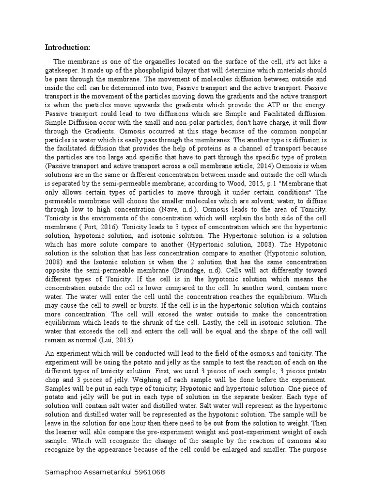 Osmosis Lab Introduction | PDF | Osmosis | Cell Membrane