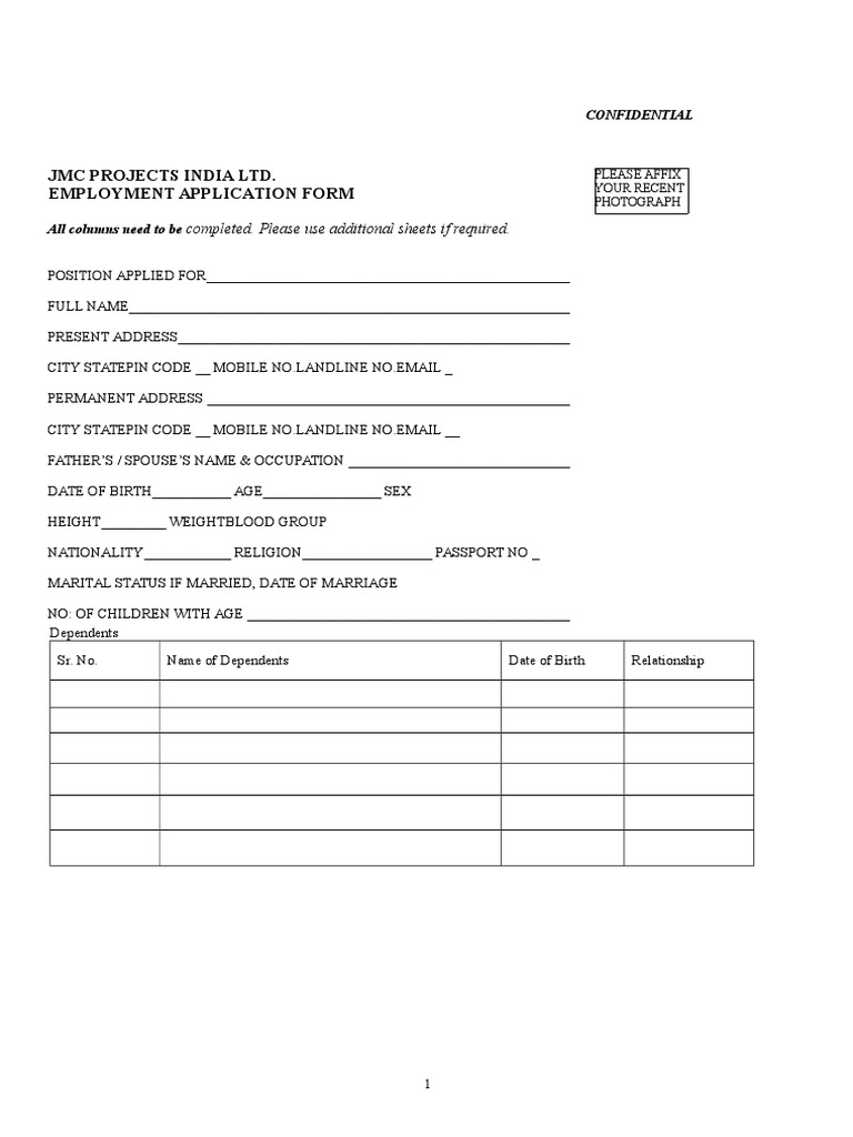 JMC Projects India Ltd. Employment Application Form: Completed. Please ...