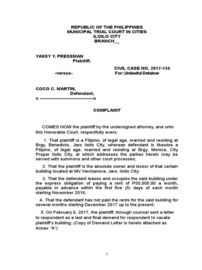 Complaint For Ejectment (Unlawful Detainer) | PDF | Lawsuit | Complaint