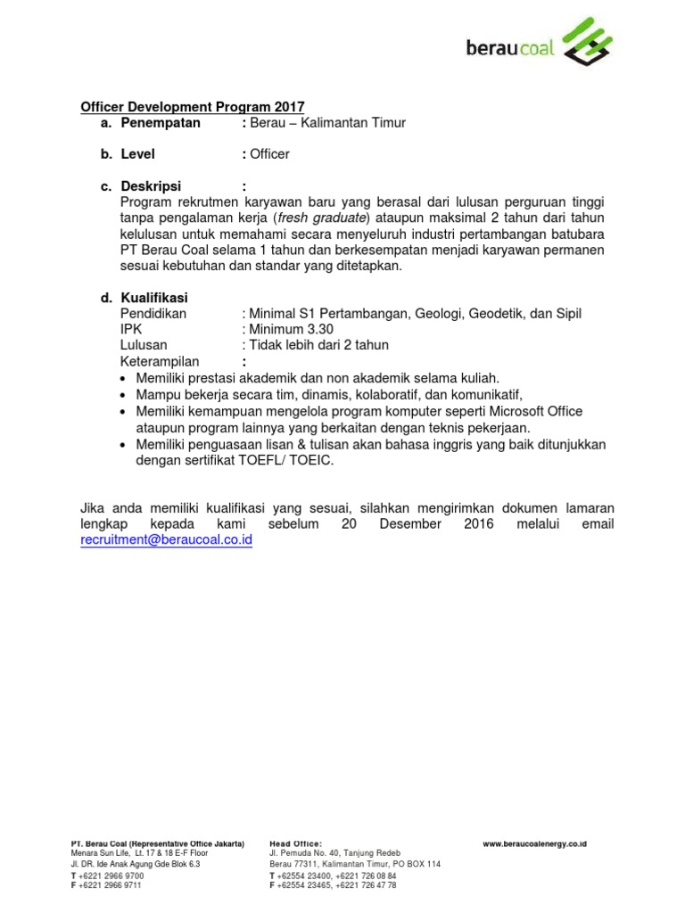 Program Rekrutmen Officer Berau Coal 2017 | PDF