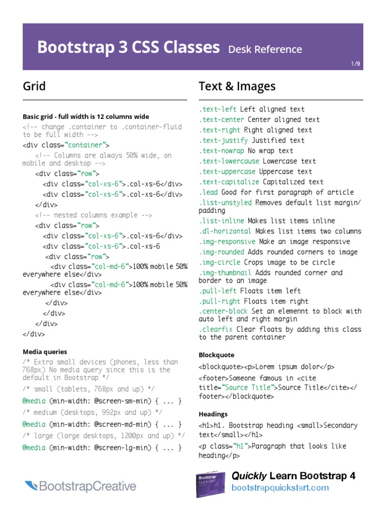 Bootstrap Css Classes Desk Reference BC | PDF | Bootstrap (Front End Framework) | Cascading ...