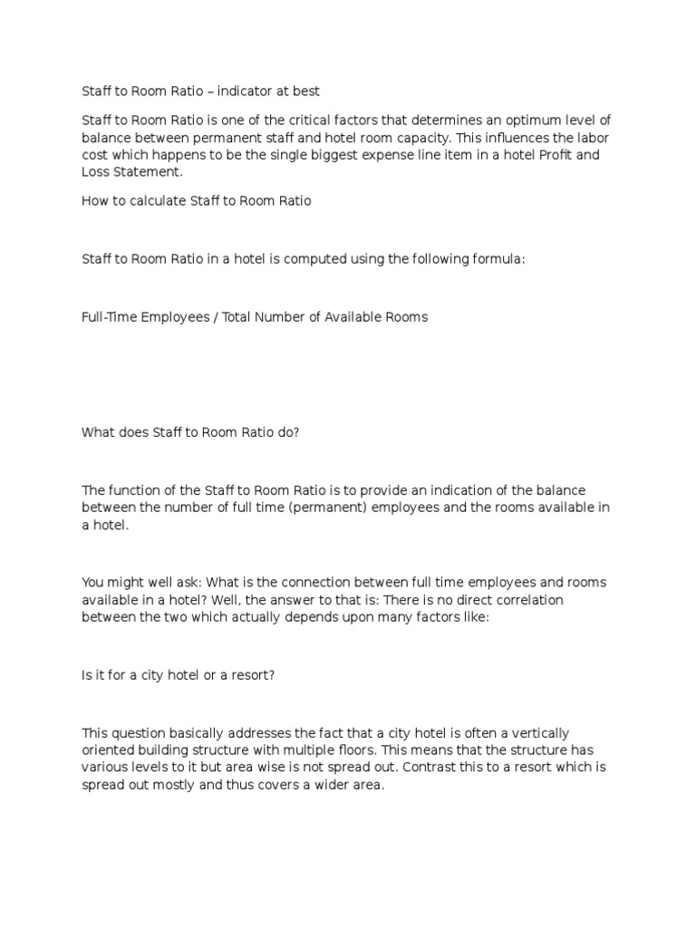 Staff To Room Ratio | PDF | Human Resources | Hotel