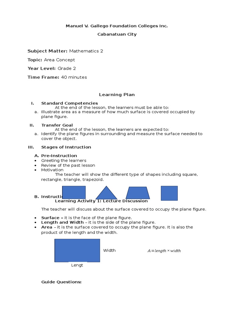 Lesson Plan in Mathematics - Area Concept1 | PDF | Lesson Plan ...