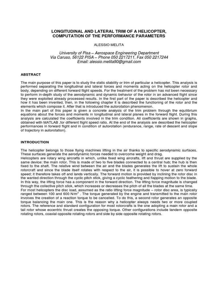 Longitudinal and Lateral Trim of A Helicopter | PDF | Helicopter Rotor ...