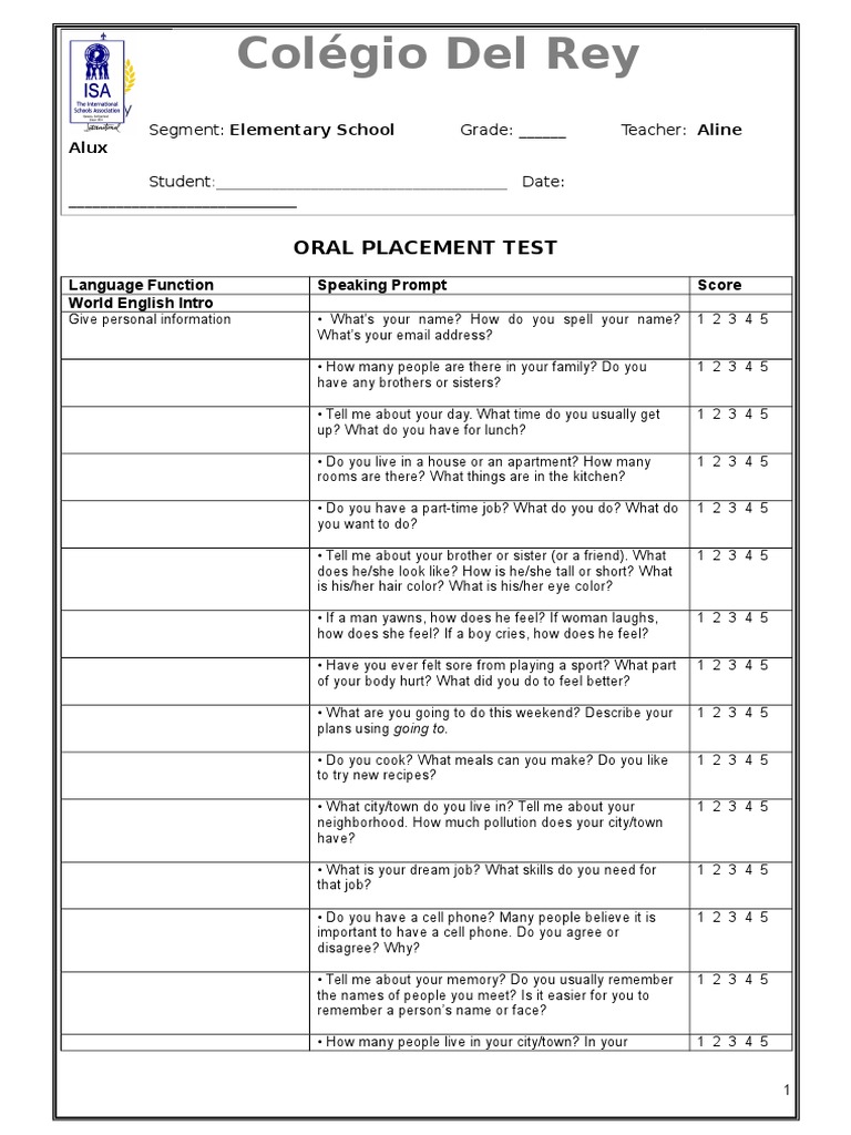 Oral Test - Placement Test | PDF
