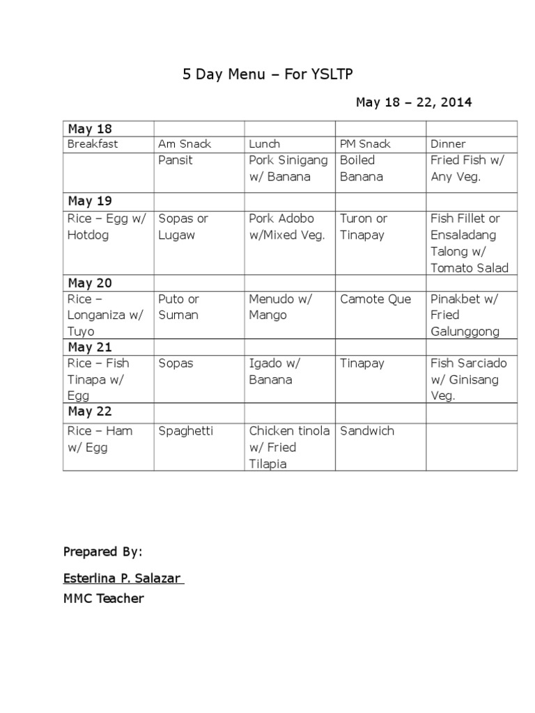 5 Day Menu | PDF