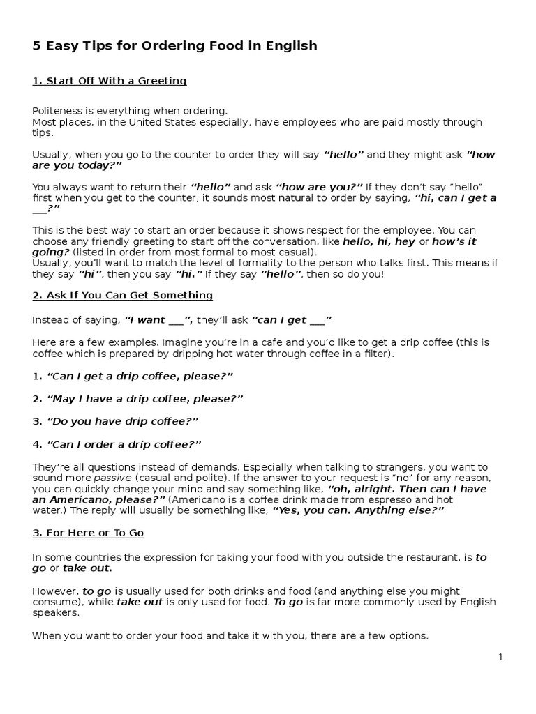 Ordering Food - Speaking | PDF | Restaurants | Waiting Staff