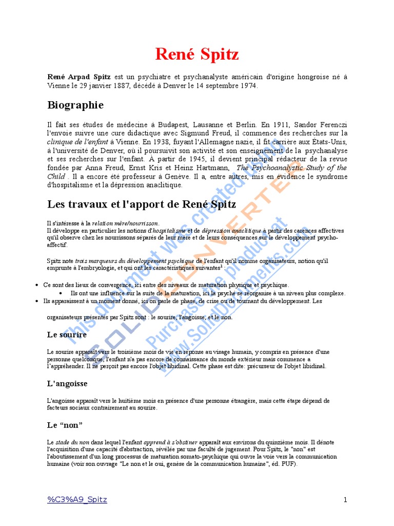René Spitz : Hospitalisme et Développement | PDF | Psychothérapie ...