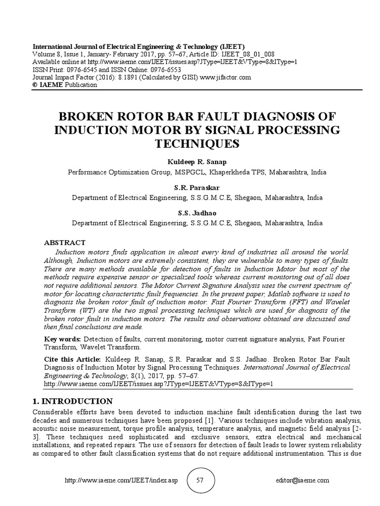 Broken Rotor Bar Fault Diagnosis of Induction Motor by Signal Processing Techniques | PDF ...
