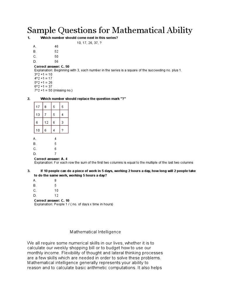 Sample Questions For Mathematical Ability | PDF | Arithmetic | Teaching ...