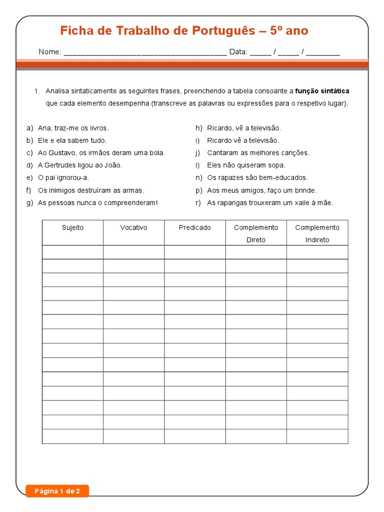 Ficha de Trabalho de Português - 5º Ano - Analise Sintática | PDF