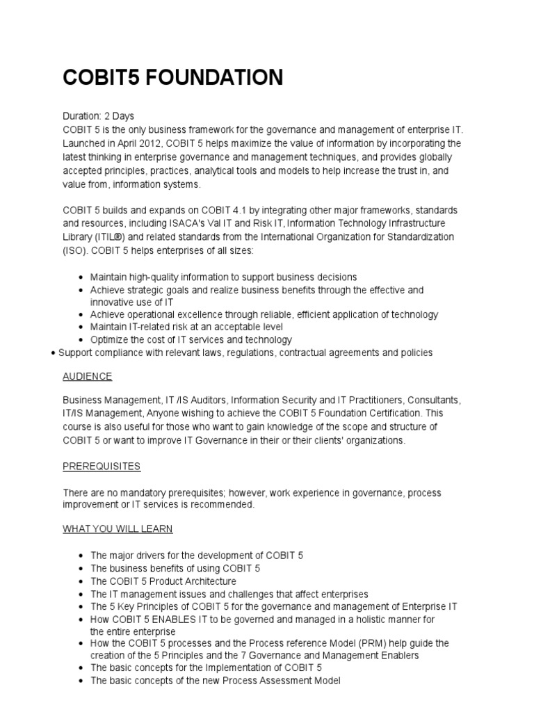 Cobit 5 Foundation Course Outline Pdf Cobit Governance