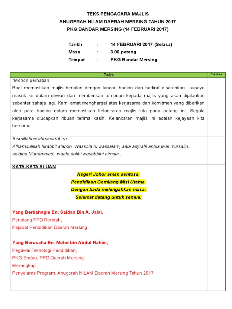 Teks Pengacara Majlis Anugerah Nilam 2017 | PDF