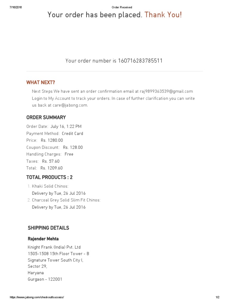 Your Order Has Been Placed.: Thank You! | PDF