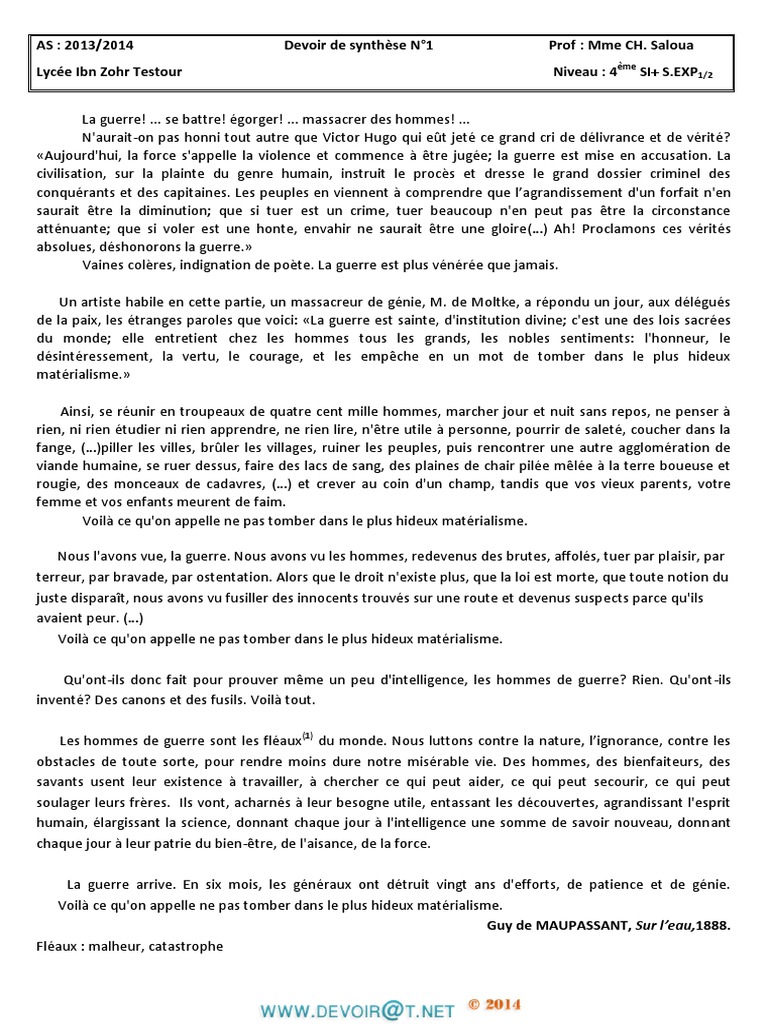 Devoir de Synthèse N°1 - Français - Bac Sciences (2013-2014) Mme CH ...
