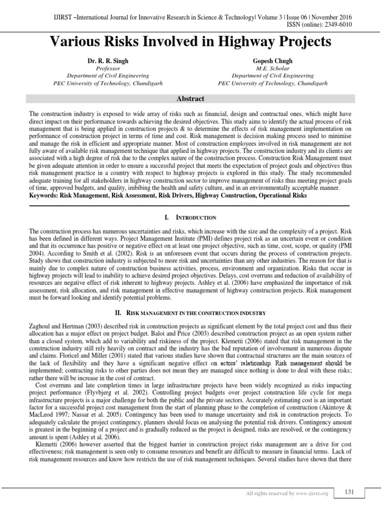 Various Risks Involved in Highway Projects | Risk Management | Highway