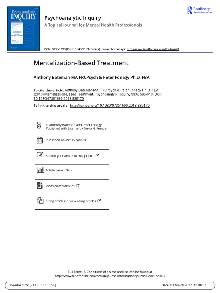 Mentalization Based Treatment | PDF | Psychotherapy | Attachment Theory