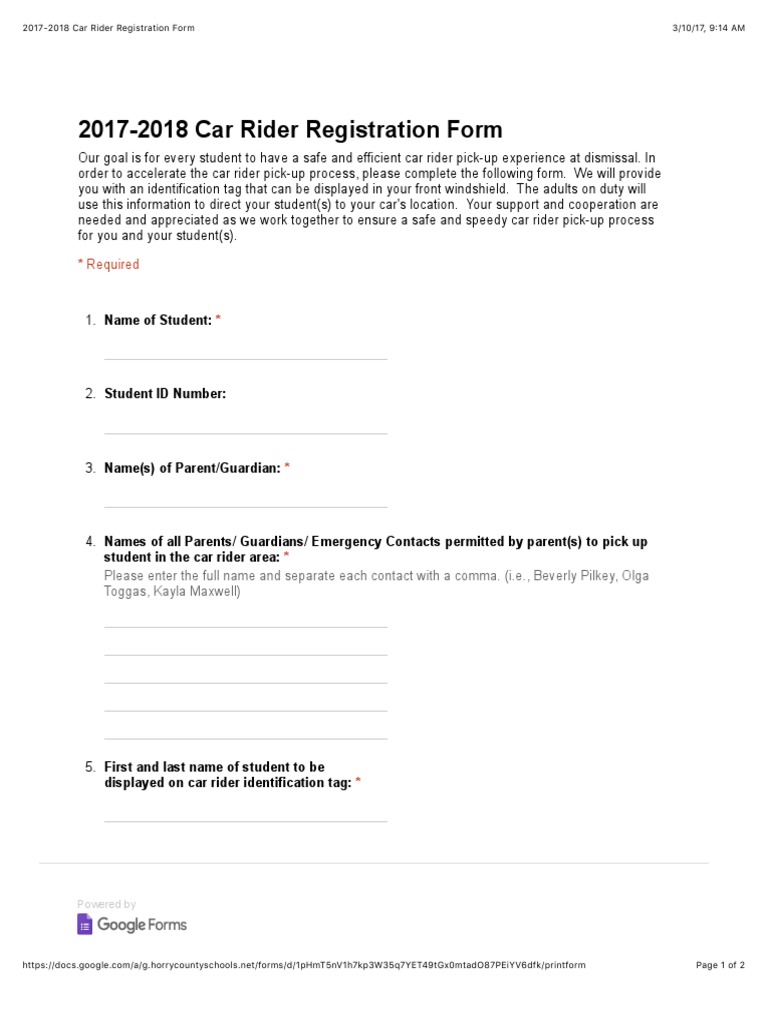 2017-2018 Car Rider Registration Form | PDF