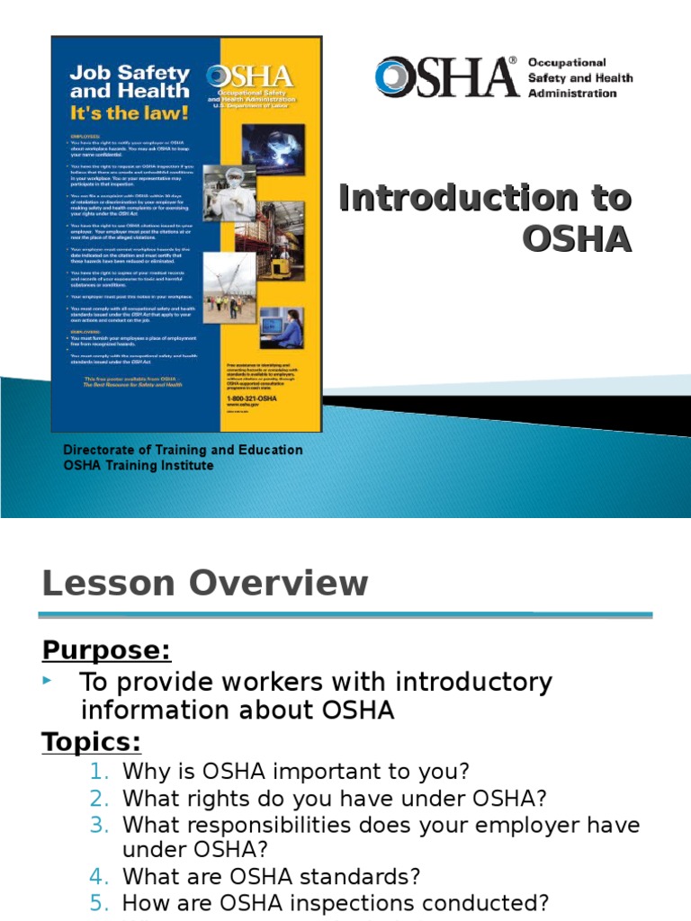 Intro To Osha Presentation | PDF | Occupational Safety And Health Administration | Occupational ...