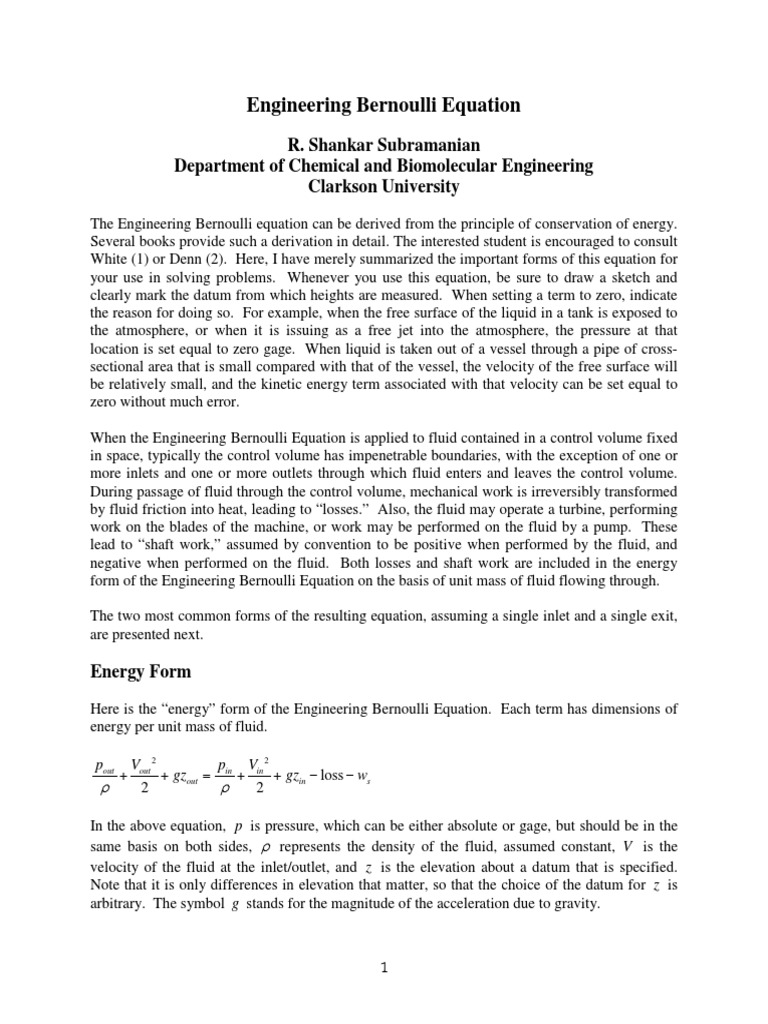 Engineering Bernoulli Equation Overview | PDF | Fluid Dynamics | Pressure