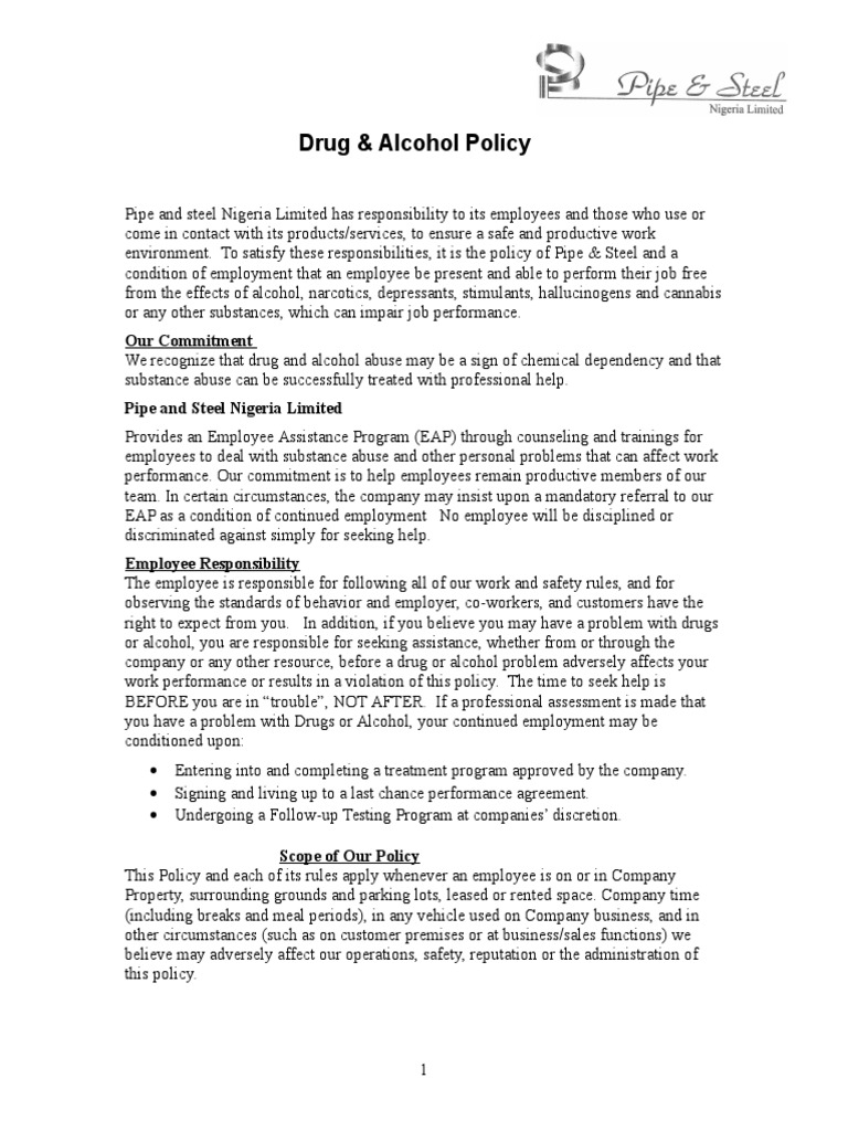 Drug and Alcohol Policy | PDF | Substance Abuse | Employment