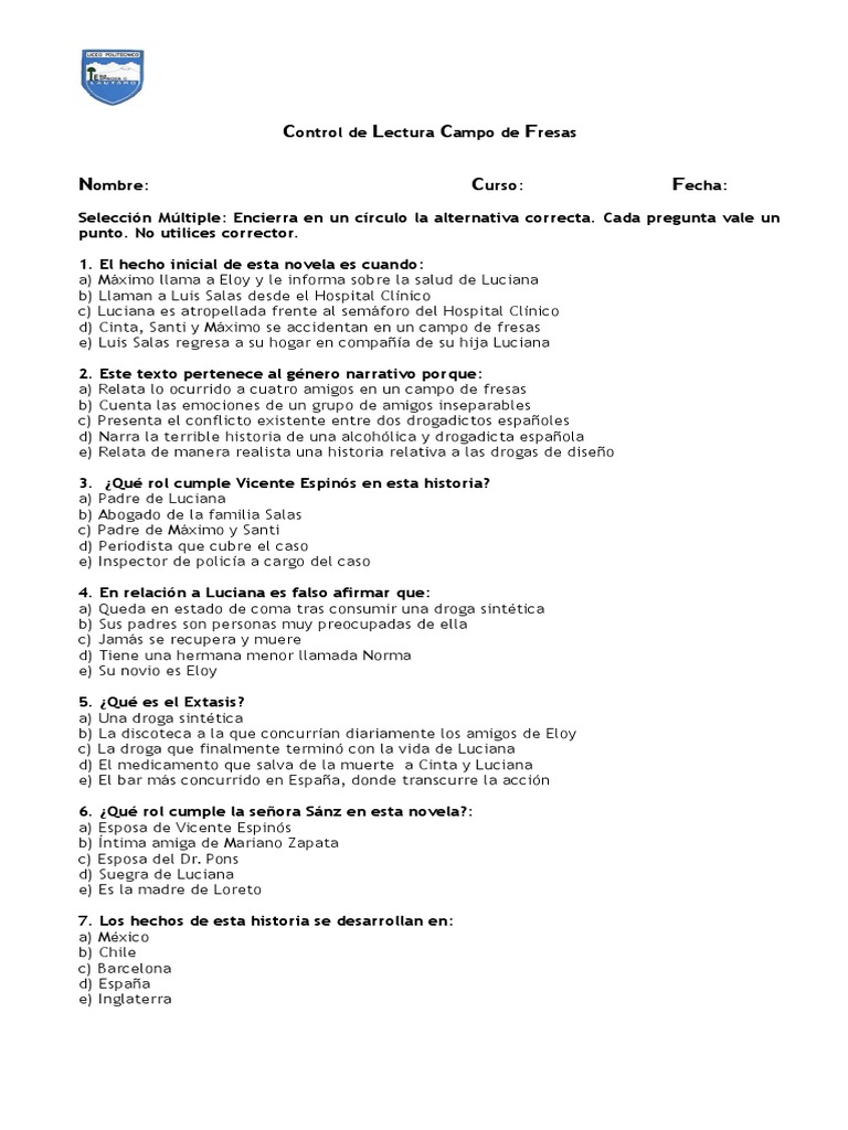 Control de Lectura Campos de Fresas | PDF | La dependencia de ...