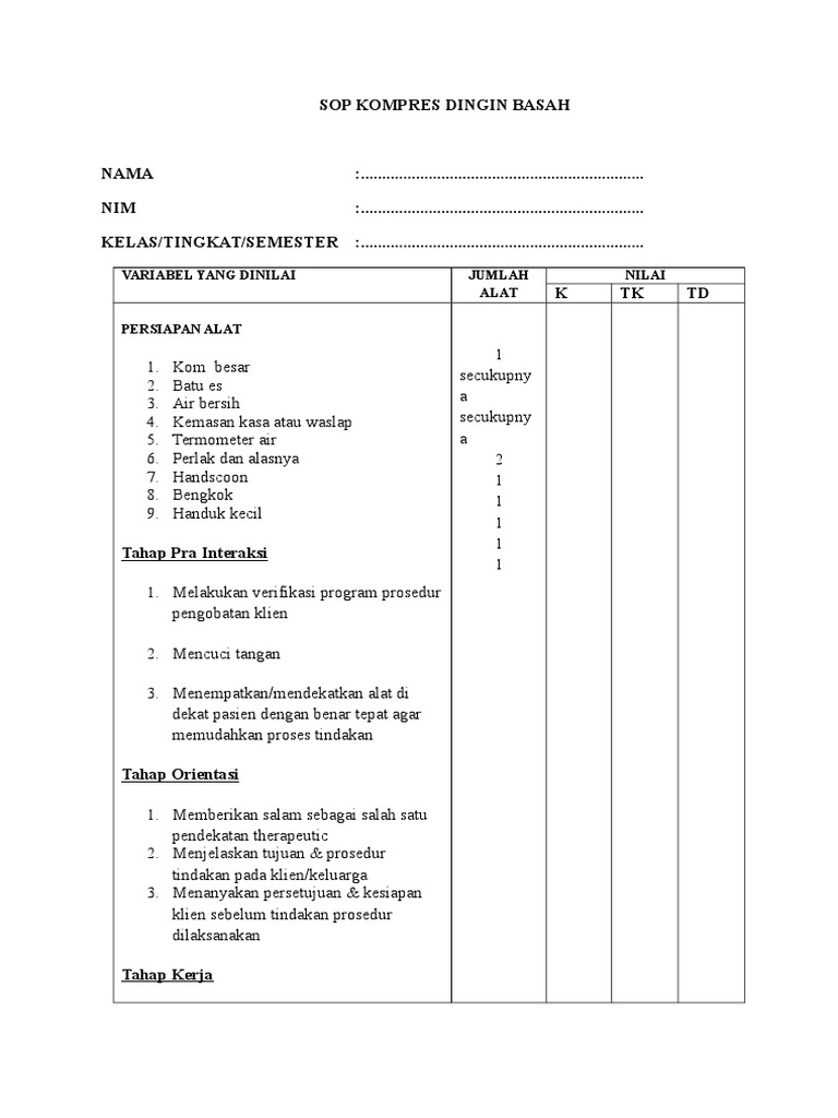 Sop Tabel Kompres Dingin Basah | PDF