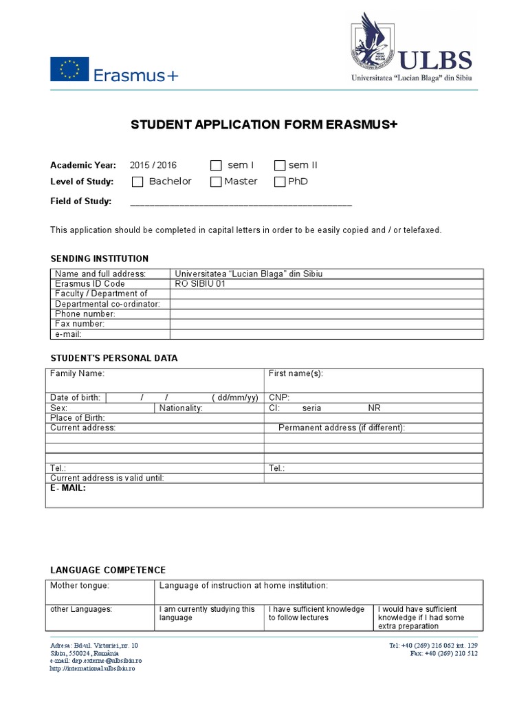 Erasmus+ Student Application Form | PDF | Academic Degree | Qualifications