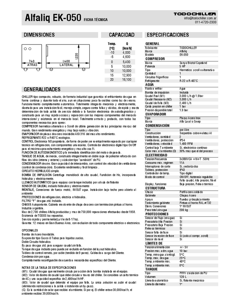 Chiller Industrial Alfaliq EK-050: Ficha Técnica | PDF