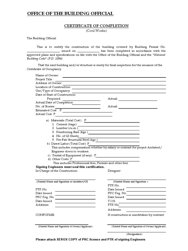 Certificate of Completion (Civil Works) | PDF | Architect | Industries