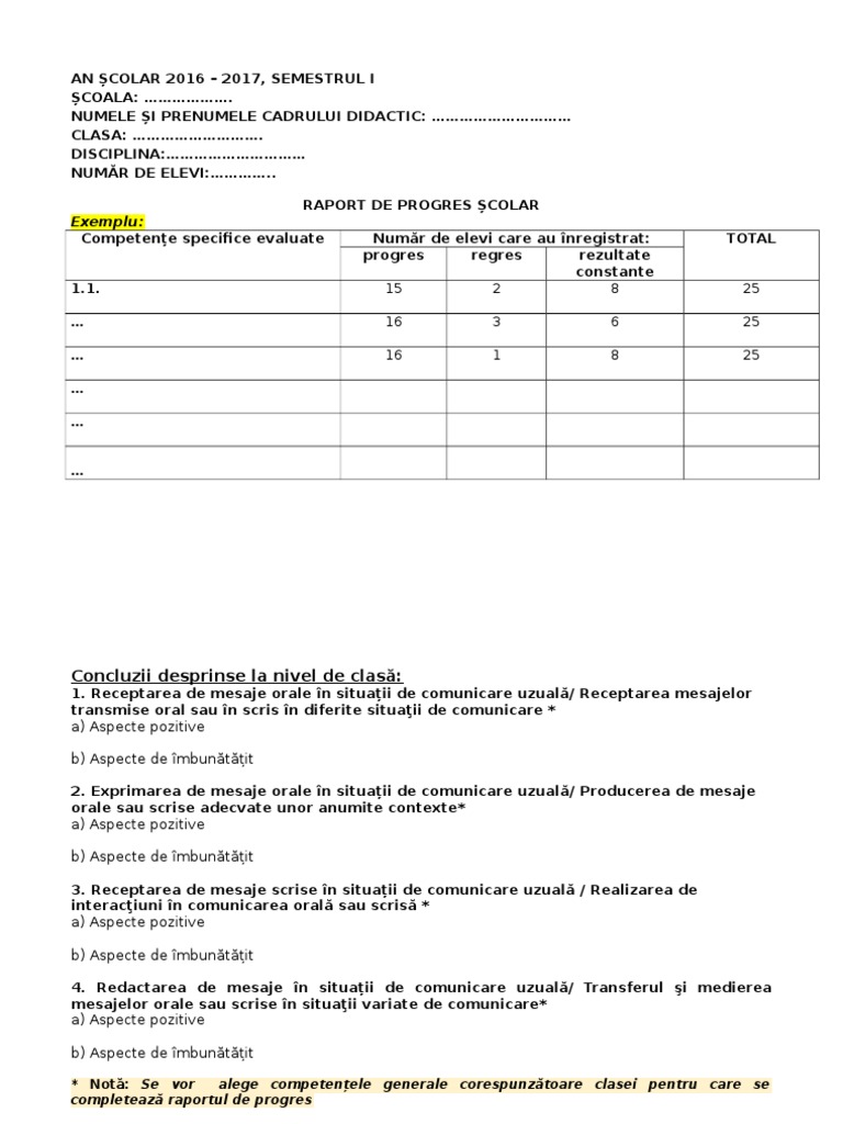 Raport de Progres Scolar - DEFINITIVAT | PDF