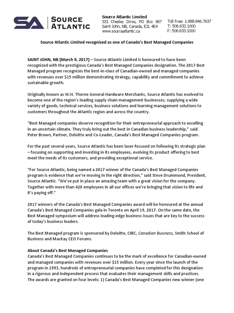 Source Atlantic Limited Recognized As One of Canadas Best Managed ...