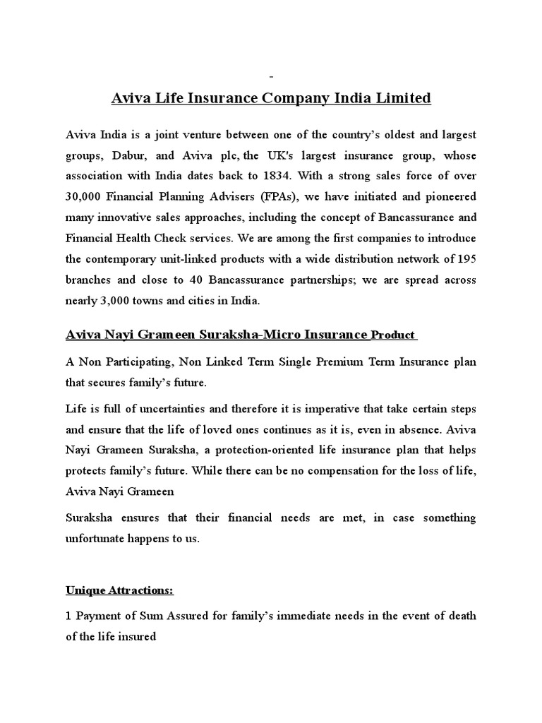 Aviva Life Insurance Company India Limited | PDF | Life Insurance ...