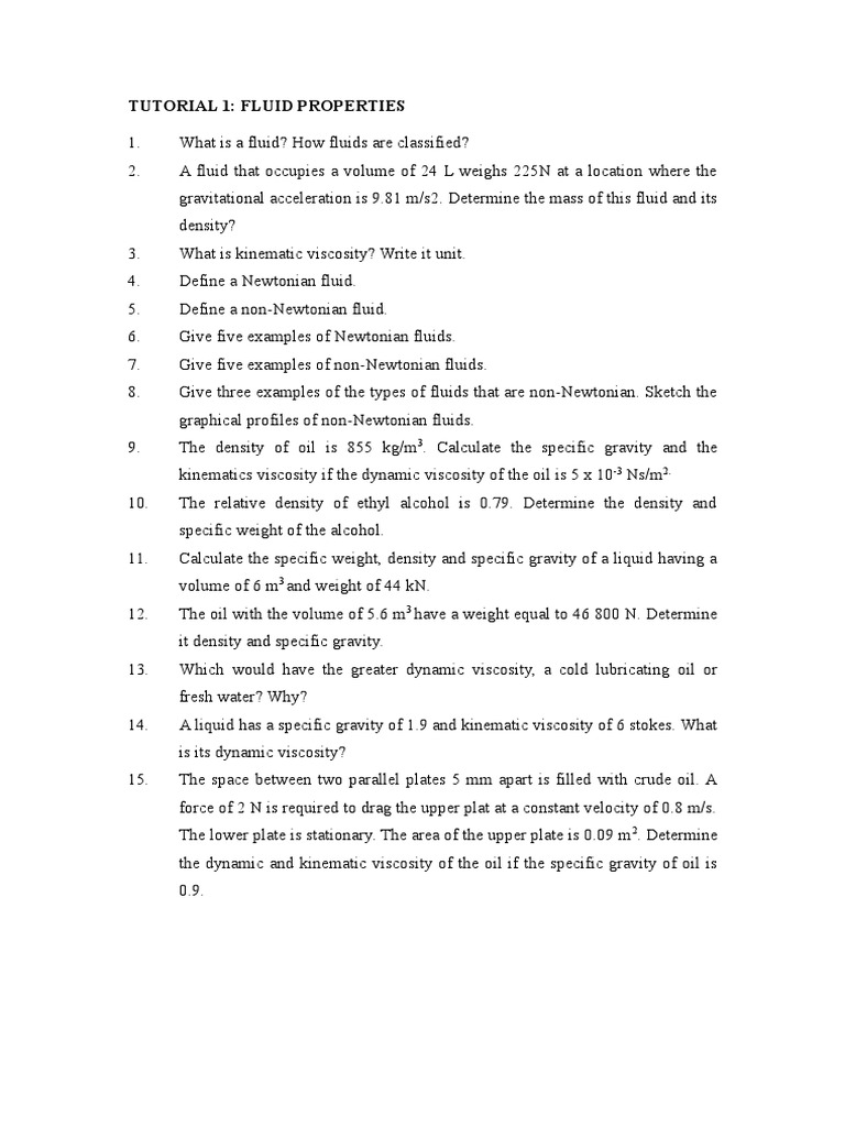 Tutorial 1 Fluid Properties | PDF | Viscosity | Liquids