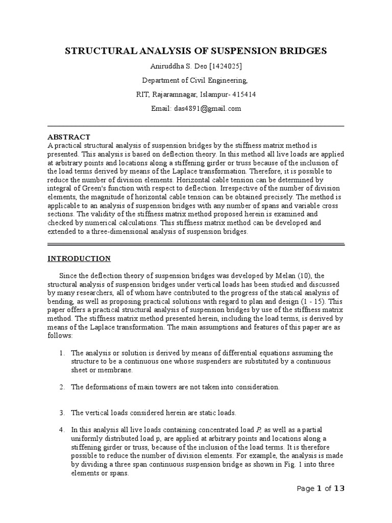 Structural Analysis of Suspension Bridges | PDF | Structural Analysis ...