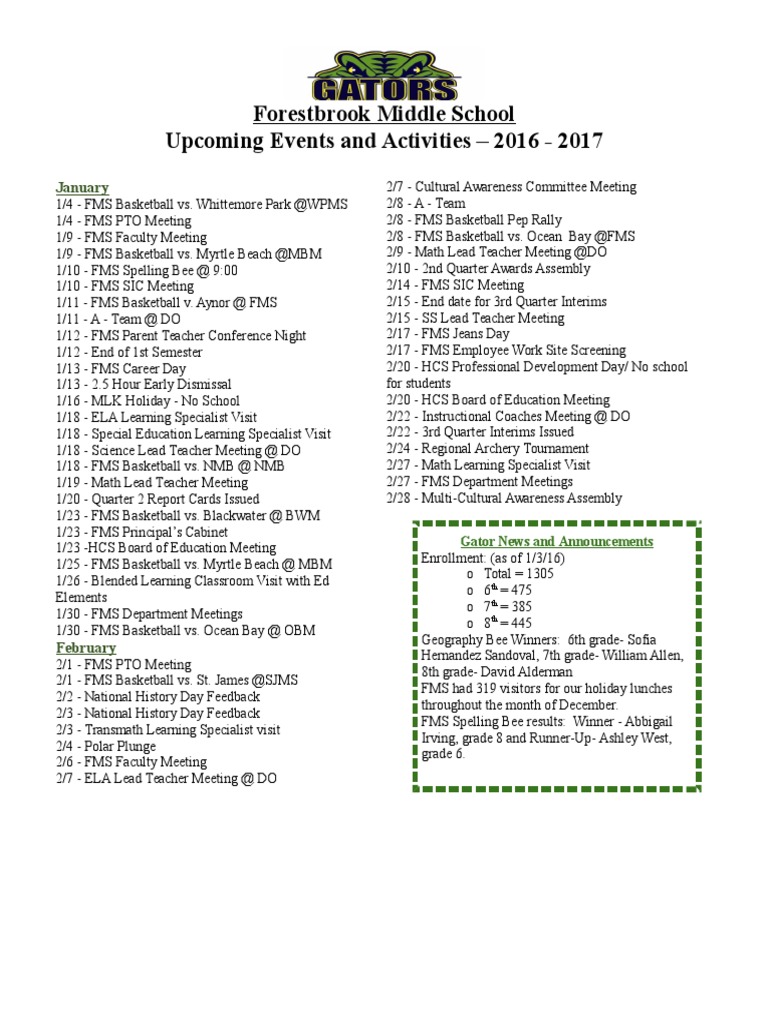 Forestbrook Middle School Events 2016-17 | PDF | Schools | Teaching And ...