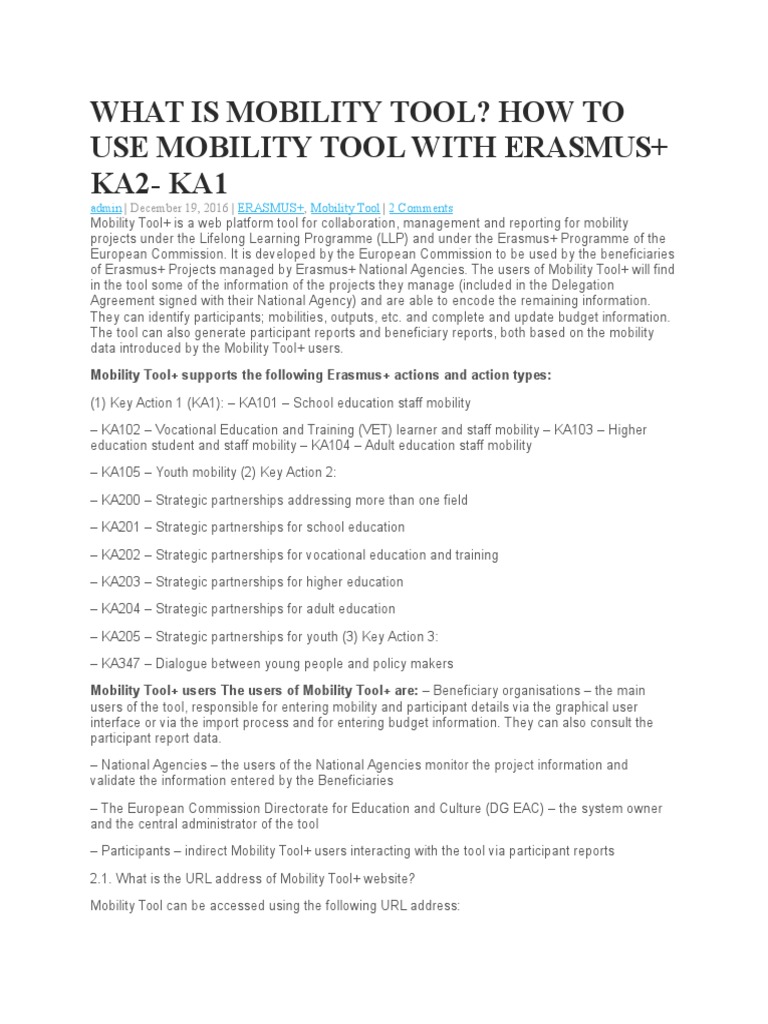 Using Mobility Tool+ for Erasmus+ Projects | PDF