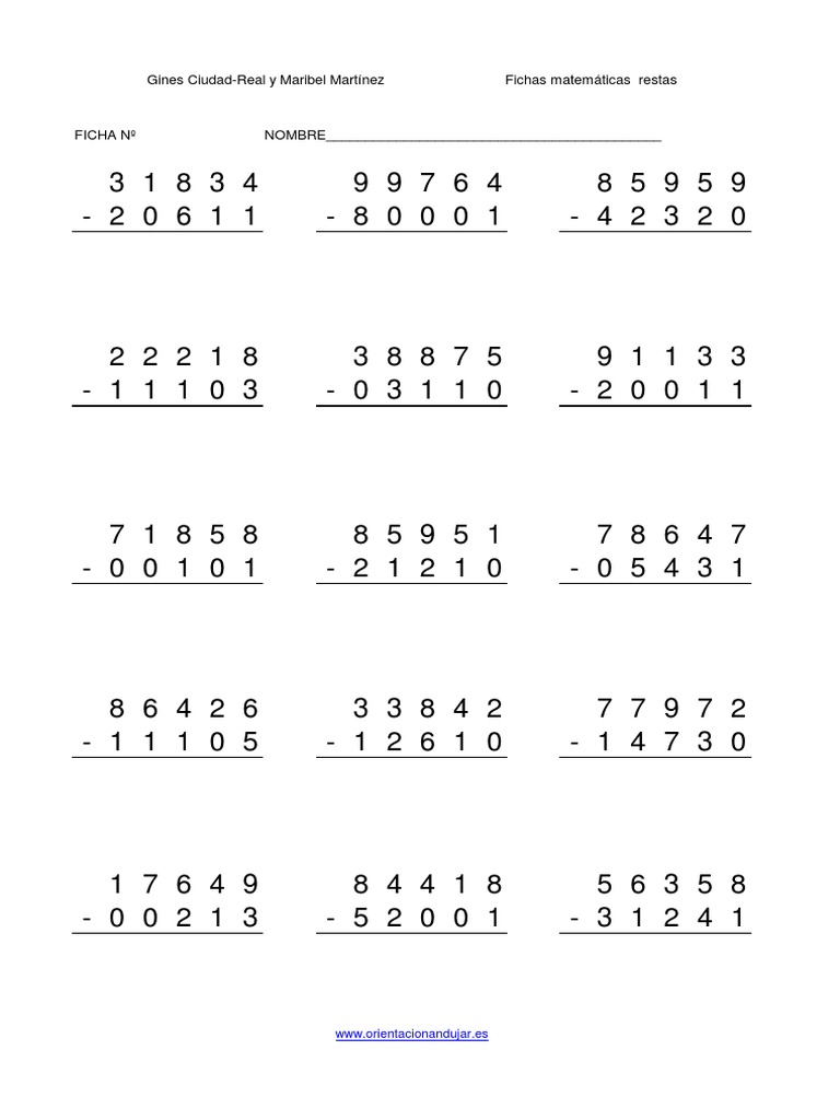 Coleccion Restas 5 Cifras Sin Llevada 1 100 | PDF