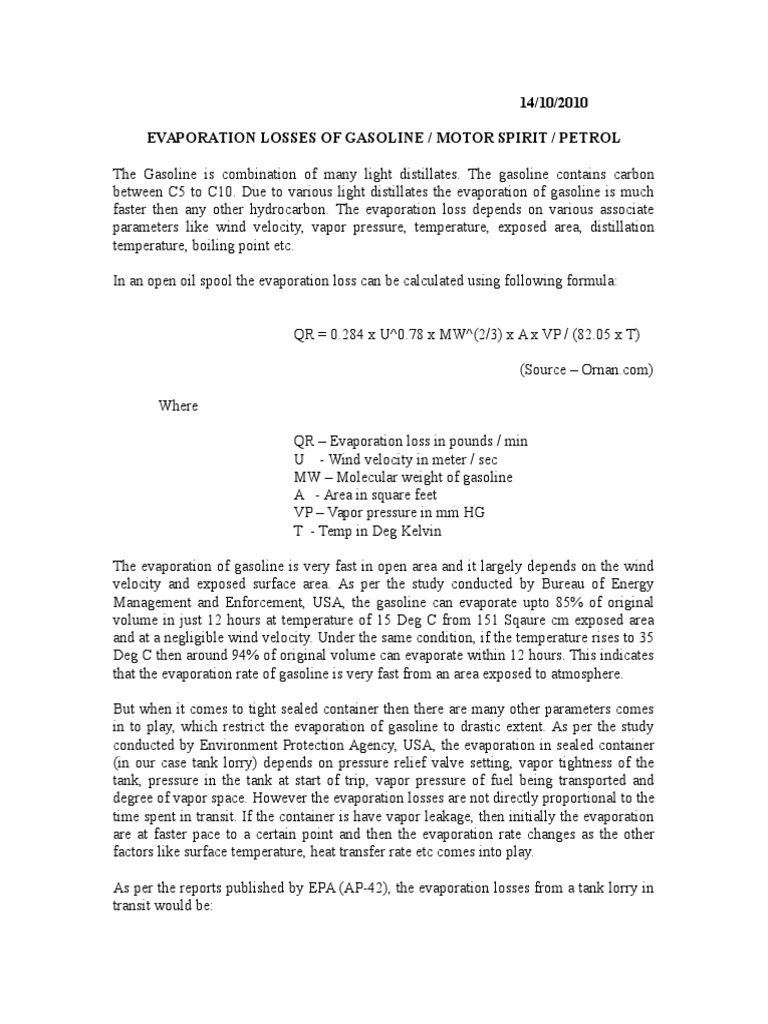 Evaporation Loss Pdf Evaporation Gasoline