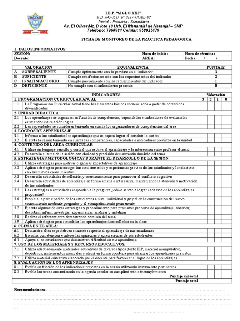 Ficha de Monitoreo Pedagógico IEP Siglo XXI | PDF | Aprendizaje | Maestros